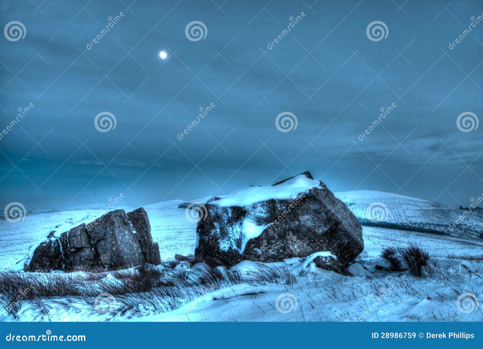 Winter Snow and Moon Scene HDR Stock Image - Image of boulders, wide ...