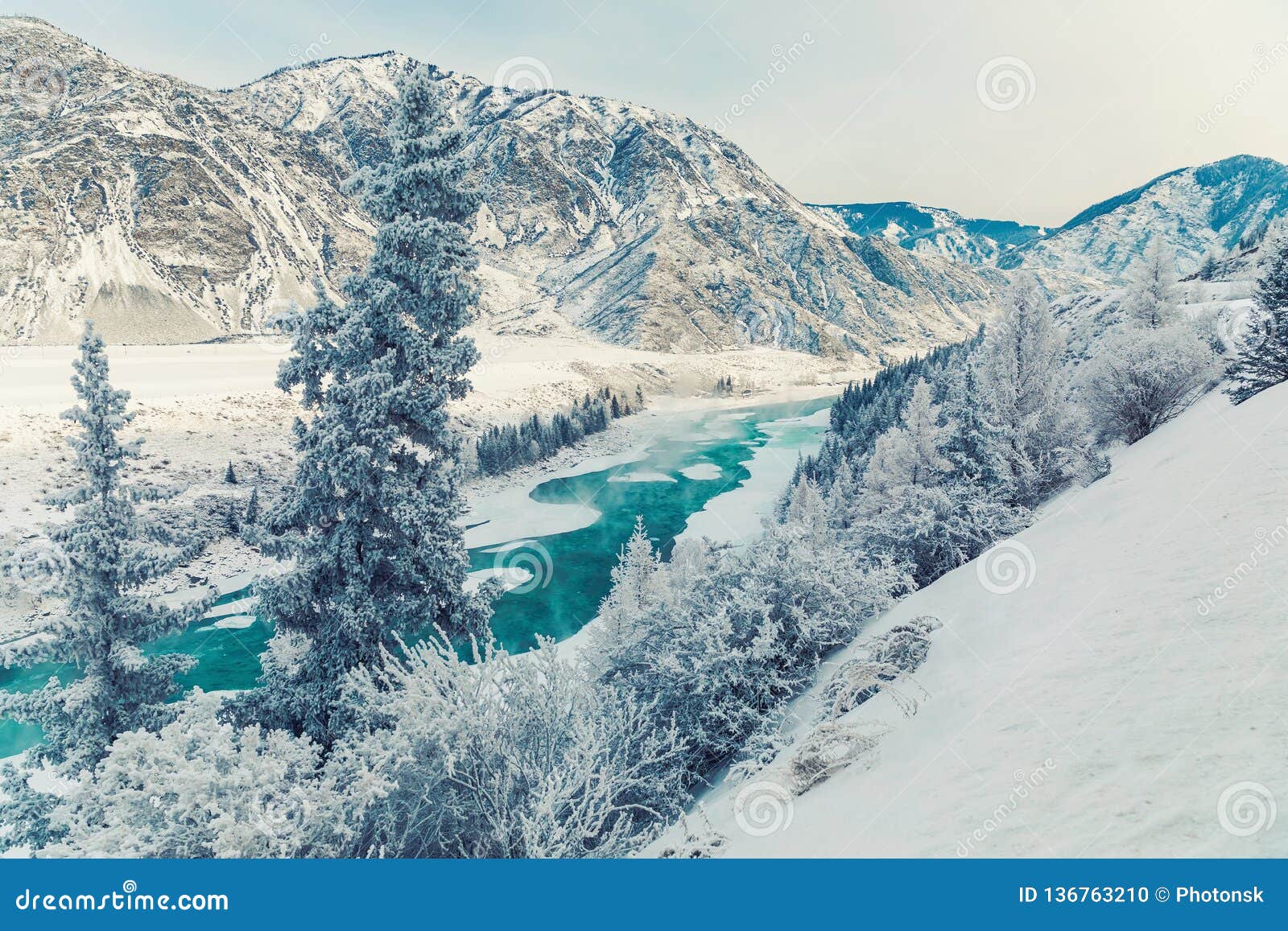 Winter Snow River in Mountains. Snow Winter Mountain River Valley ...