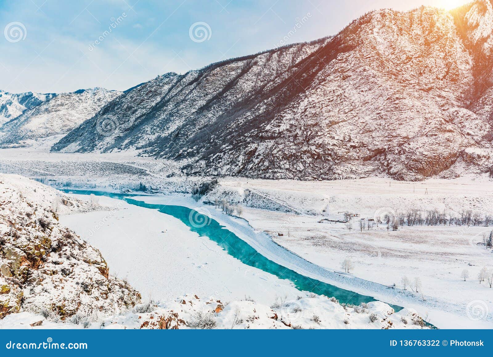 Winter Snow River in Mountains. Snow Winter Mountain River Valley ...
