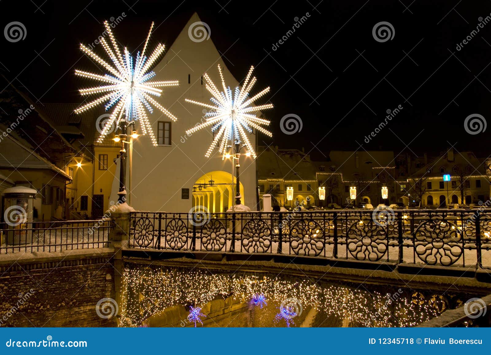 Winter Snow Town Square Christmas Lights Sibiu Stock Photo - Image of ...