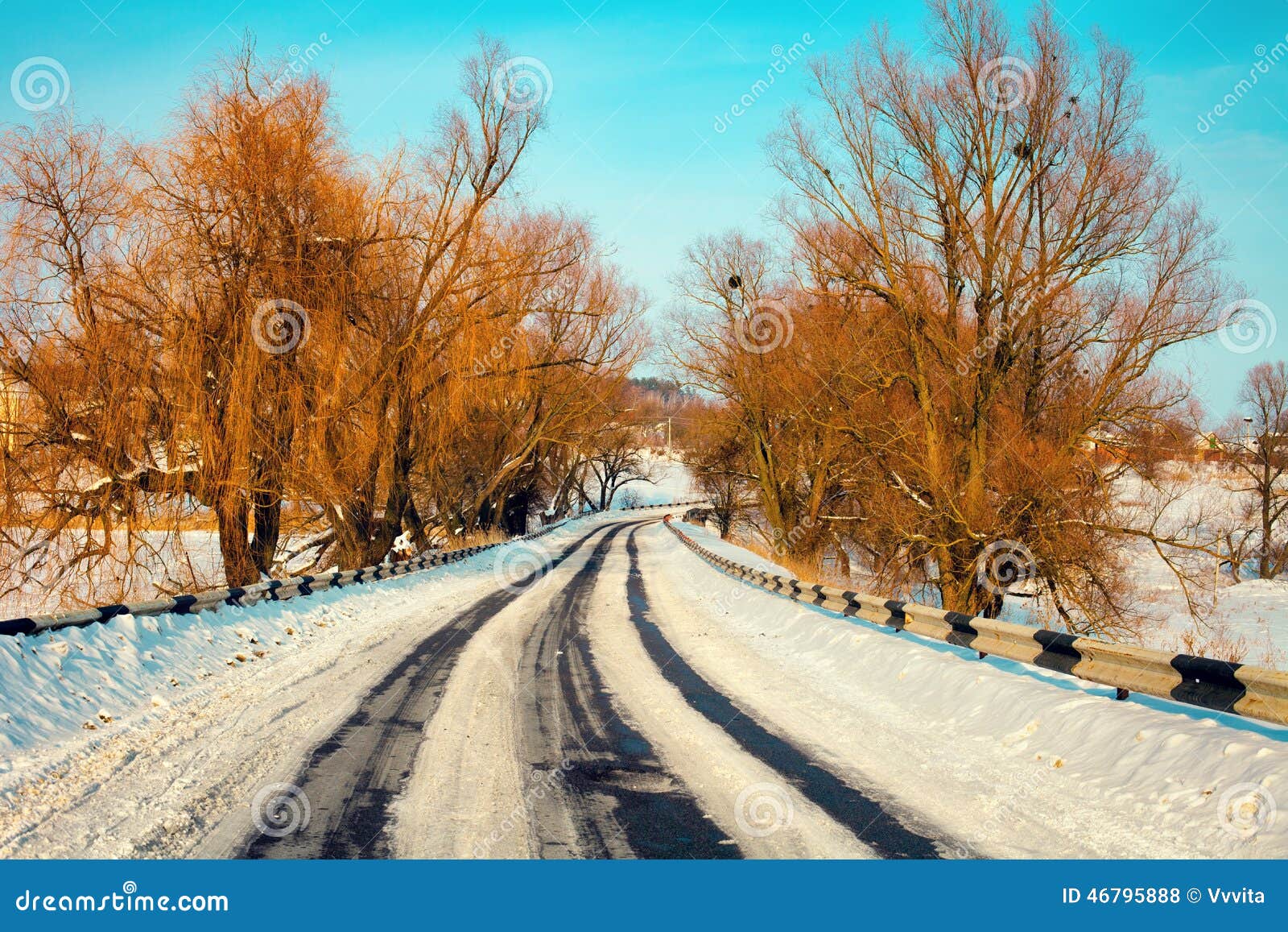 Winter Snowy Road with Trees Stock Photo - Image of covered, evening ...