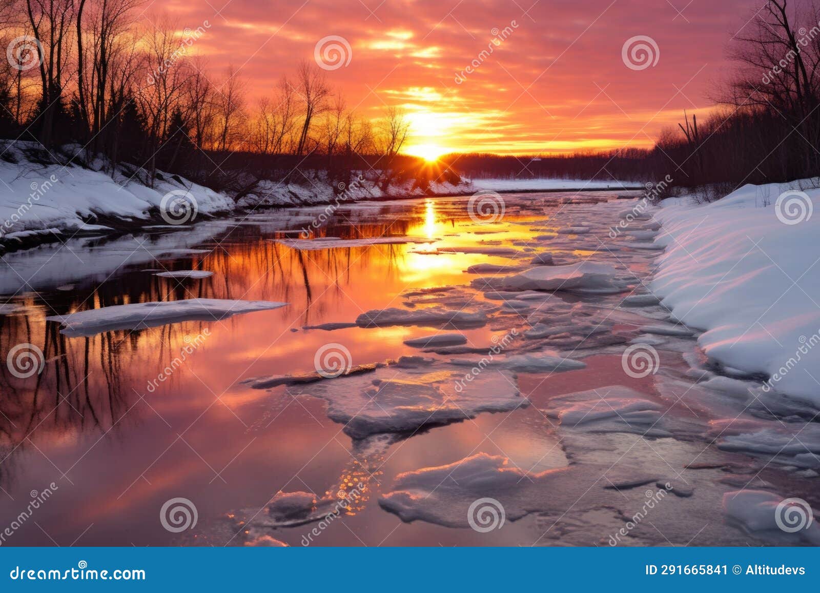 Winter Solstice Sunset Reflecting on Icy River Stock Image - Image of ...