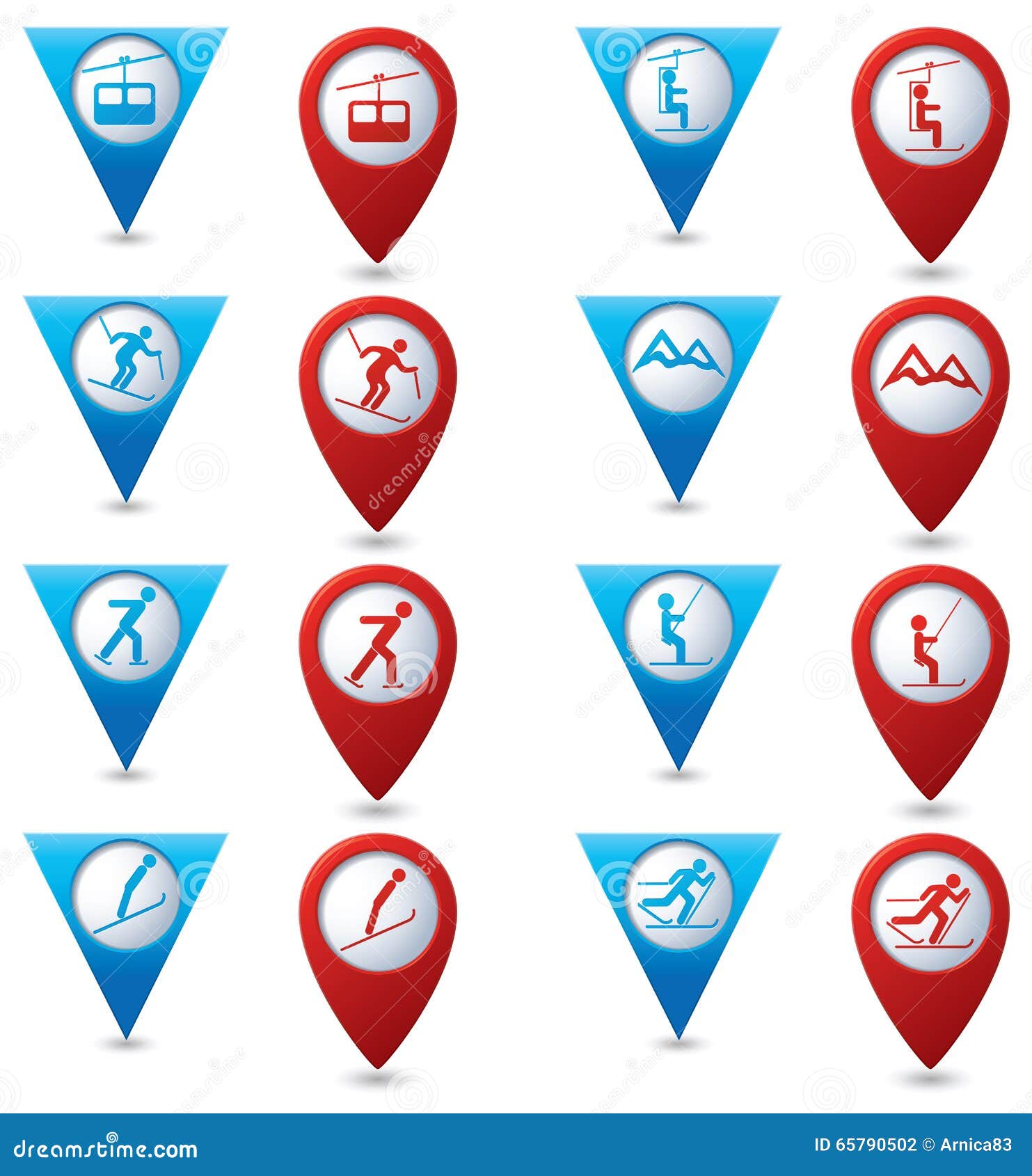 Winter Sport Icons Set on Blue and Red Map Pointers. Stock Vector ...