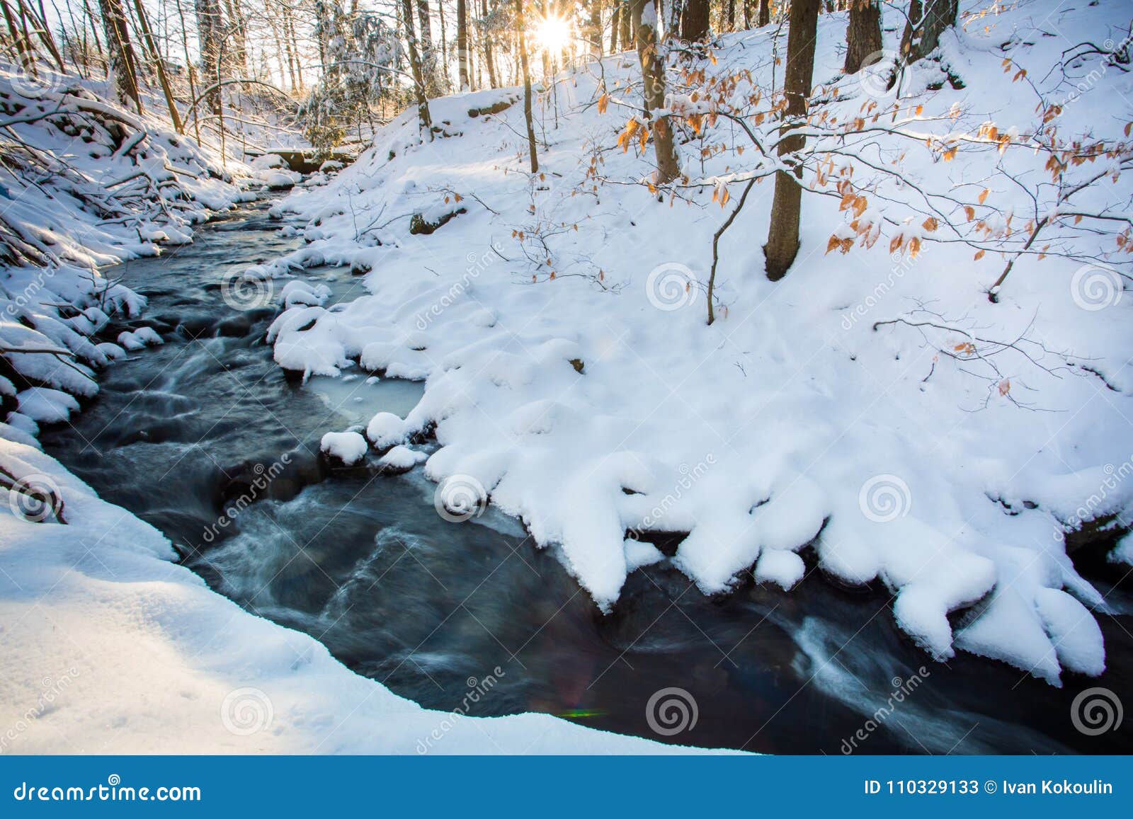 Winter Stream in Forest Morning Sunrise Stock Image - Image of light ...