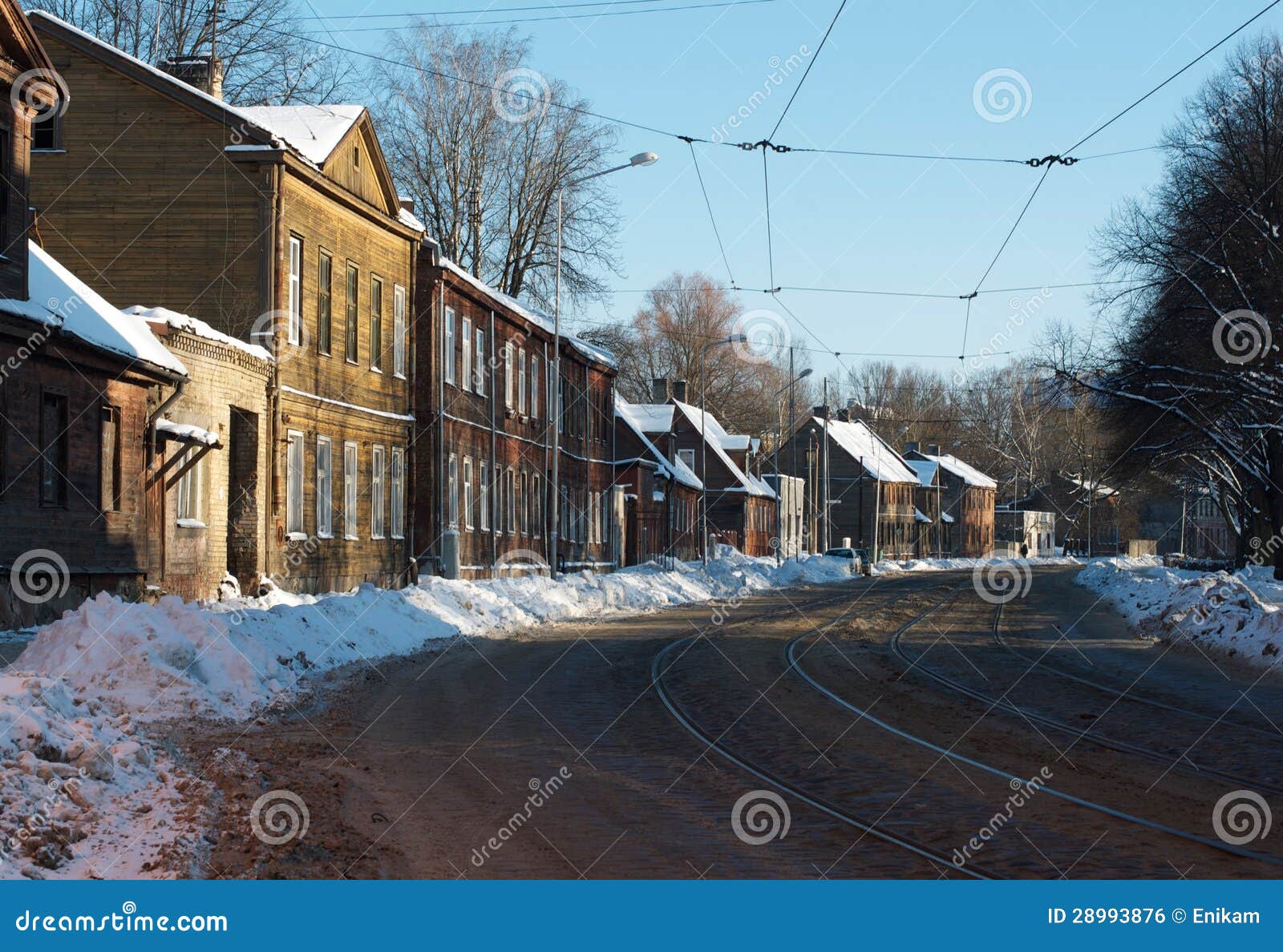 Winter street stock photo. Image of wooden, building - 28993876