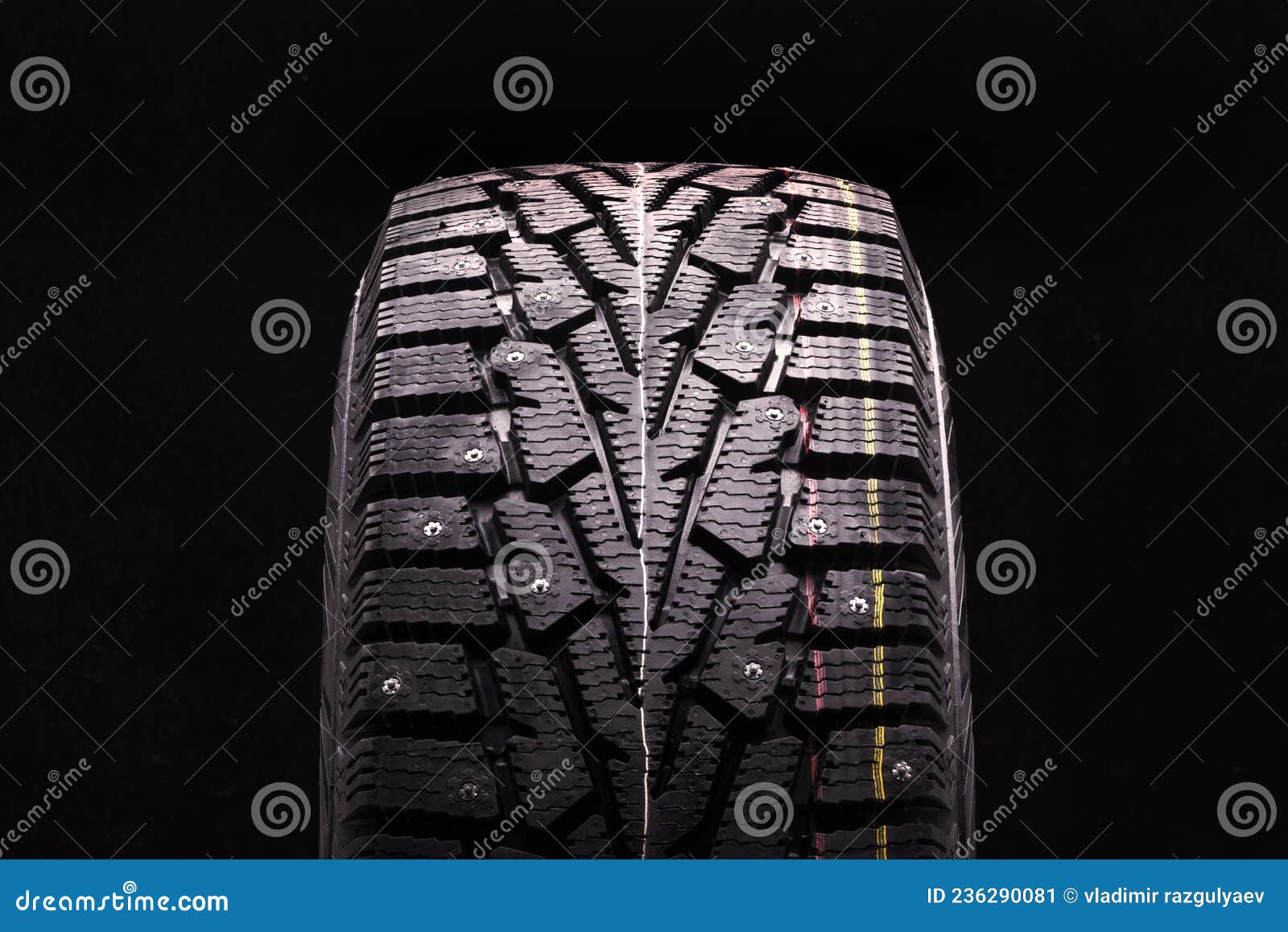 Winter Studded Tire Front View Close-up on Black Background Tread Stock ...
