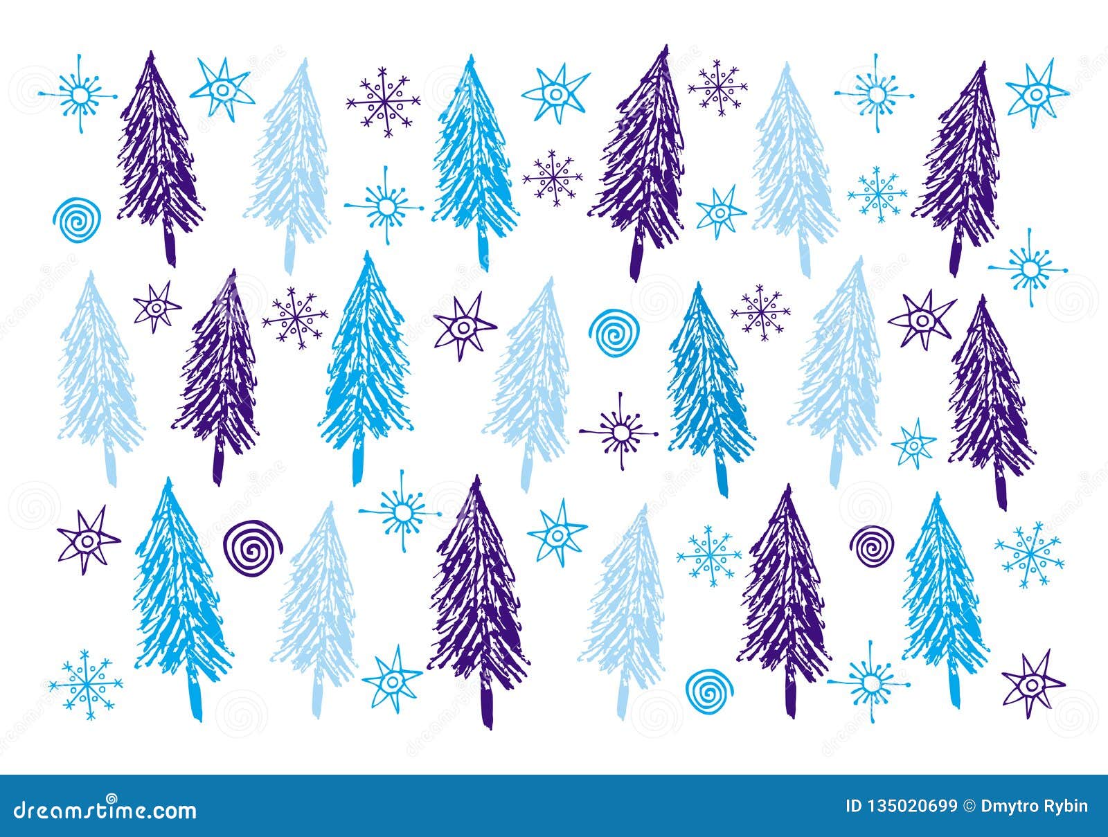 Winter Stylized Background of Christmas Trees and Snowflakes. Vector ...