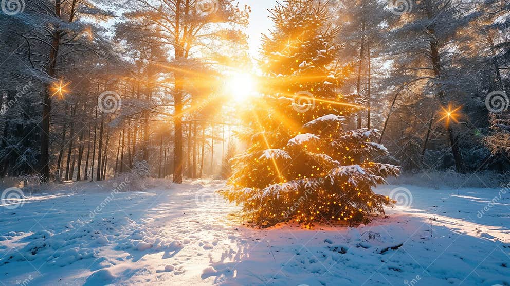 Winter Sun Illuminates Forest Tree. Stock Illustration - Illustration ...