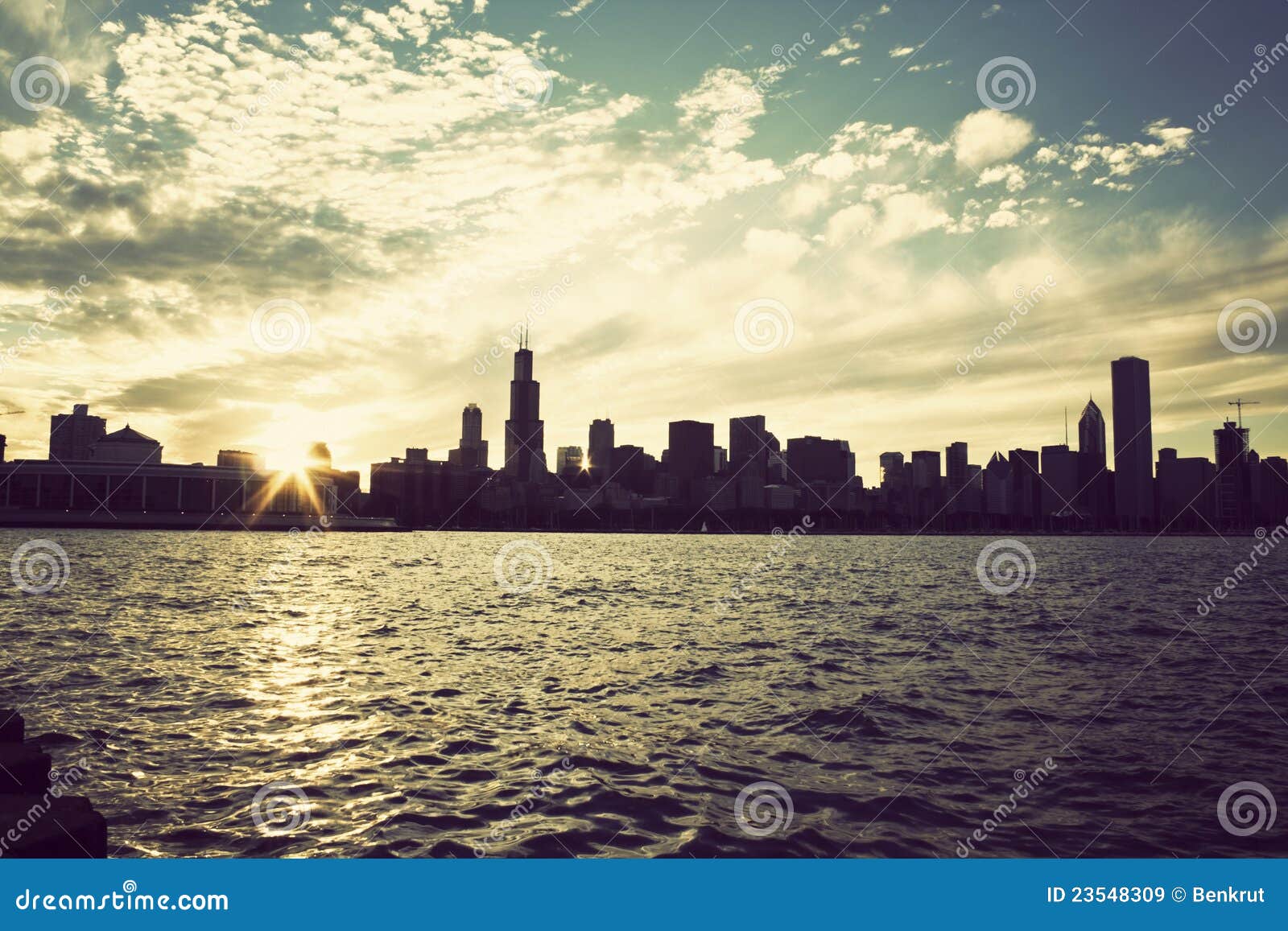 Winter Sun Setting Over the Skyline of Chicago Stock Image - Image of ...