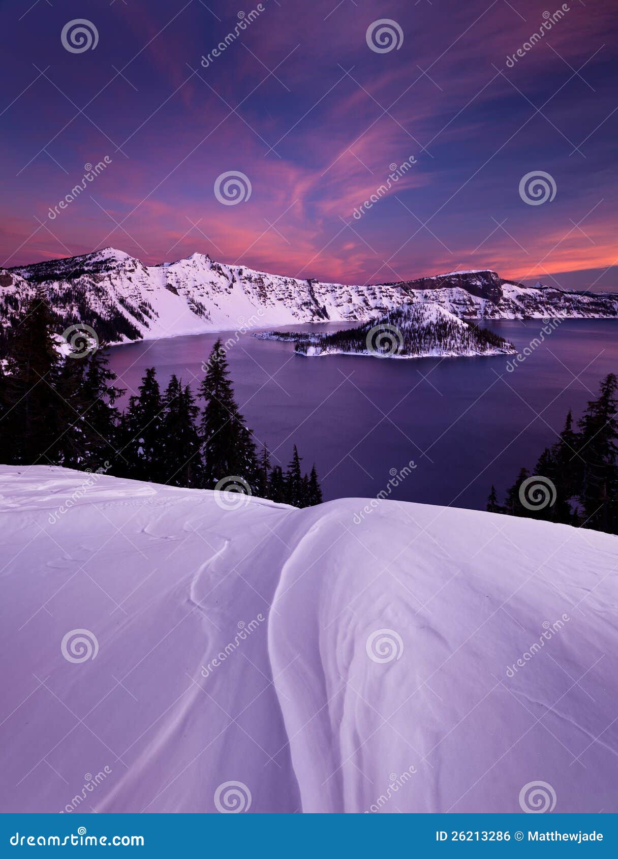 Winter Sunrise Over Crater Lake Stock Photo - Image of lake, evening ...
