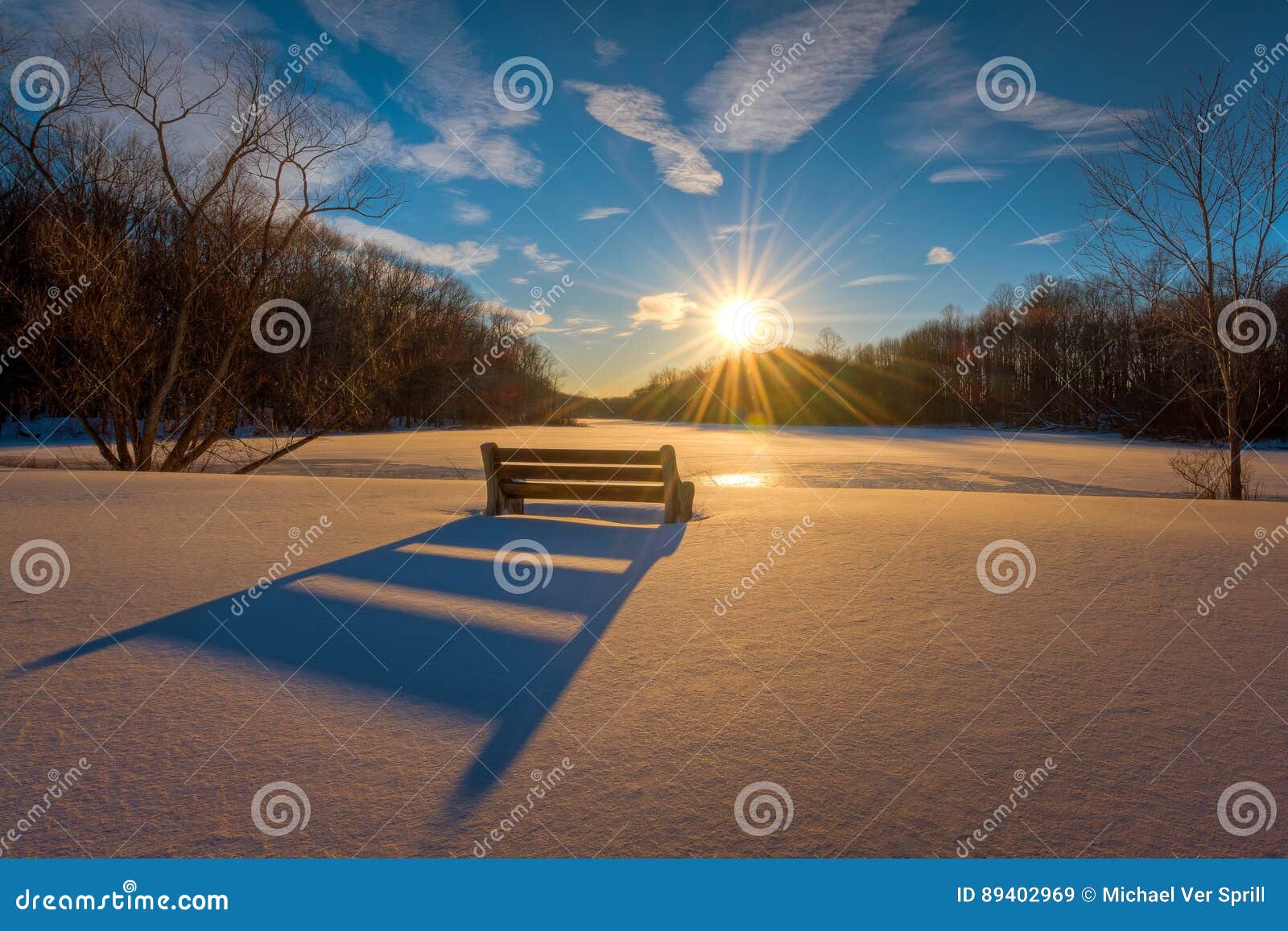 Winter Sunset Casting a Bench Shadow in the Snow Stock Image - Image of ...