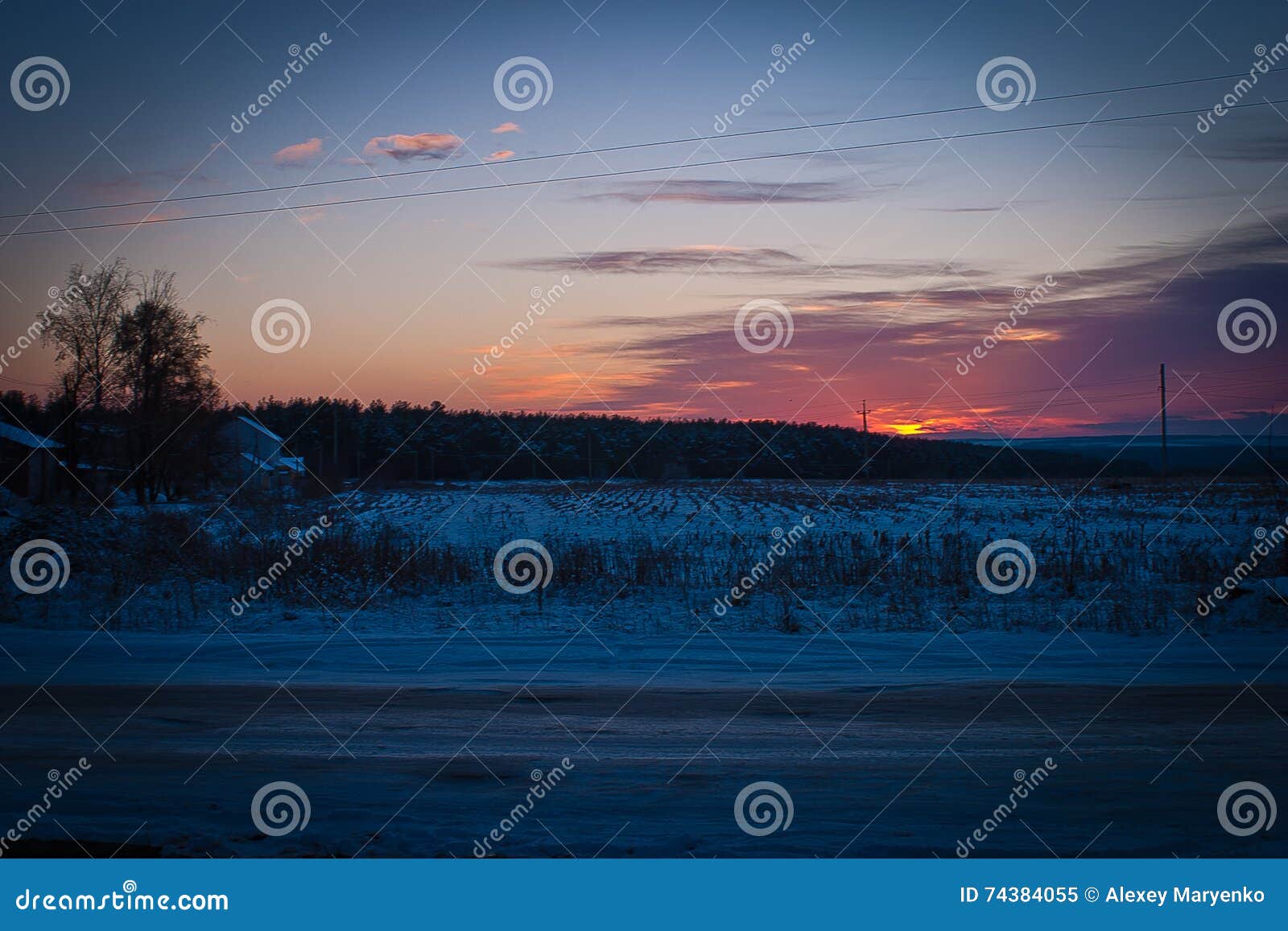 Winter sunset stock image. Image of field, snow, trees - 74384055