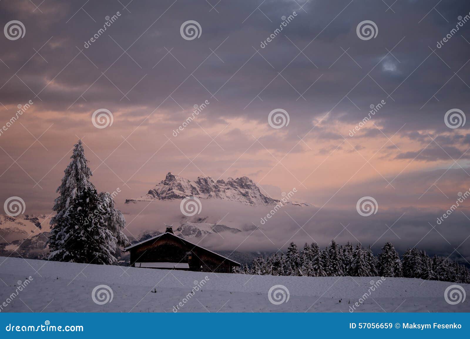 Winter Sunset with a Log Cabin, Stock Image - Image of house, evening ...