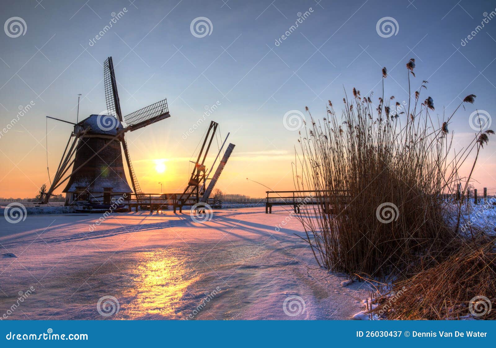 Winter sunset mill HDR stock image. Image of background - 26030437
