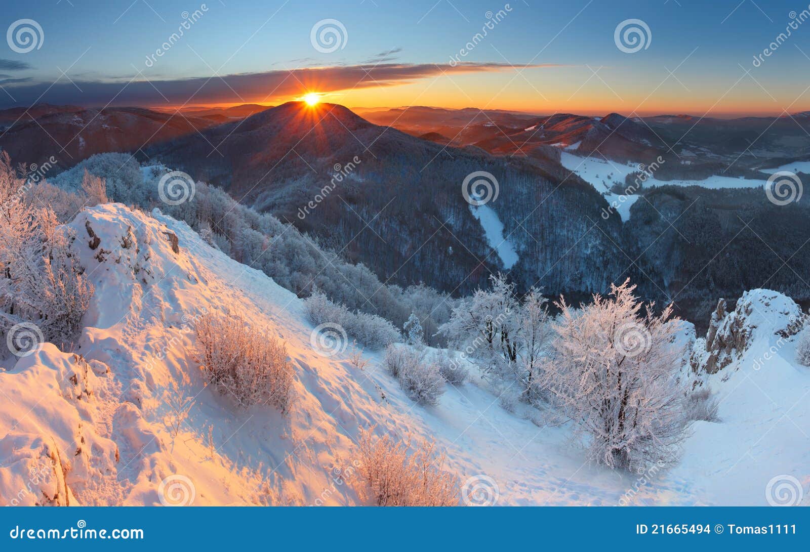 Winter Sunset in Mountain with Clouds Stock Photo - Image of scene ...