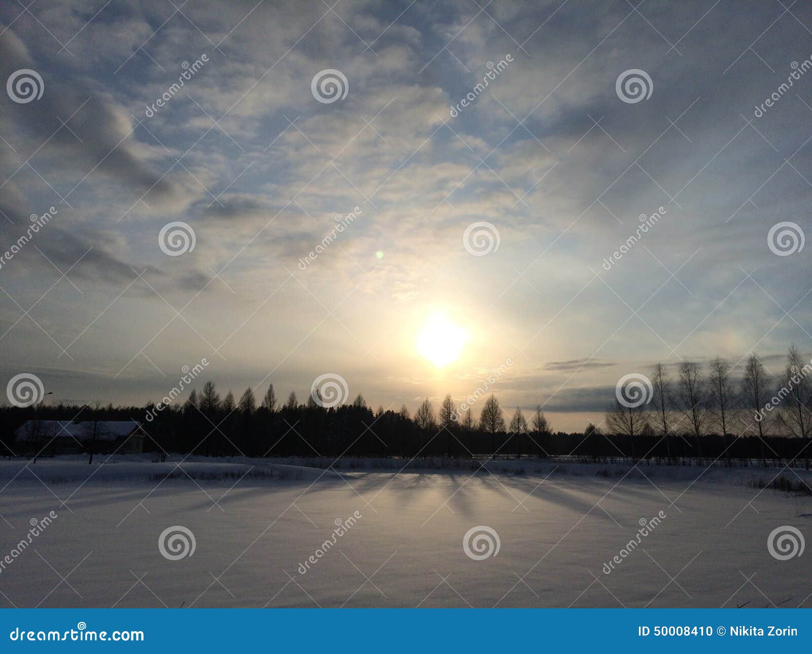 Winter Sunset Over a Field and Trees Stock Photo - Image of forest ...