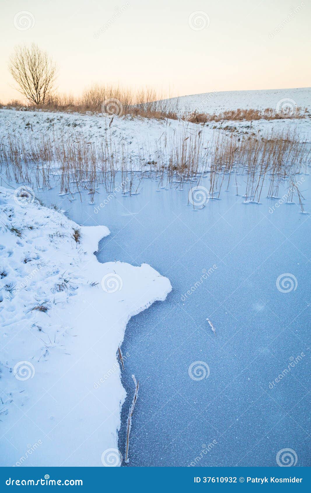 Winter Sunset Over Frozen Pond Stock Photo - Image of blue, polish ...