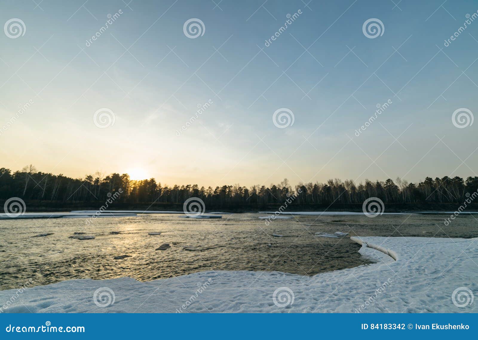 Winter sunset in river. stock photo. Image of nature - 84183342