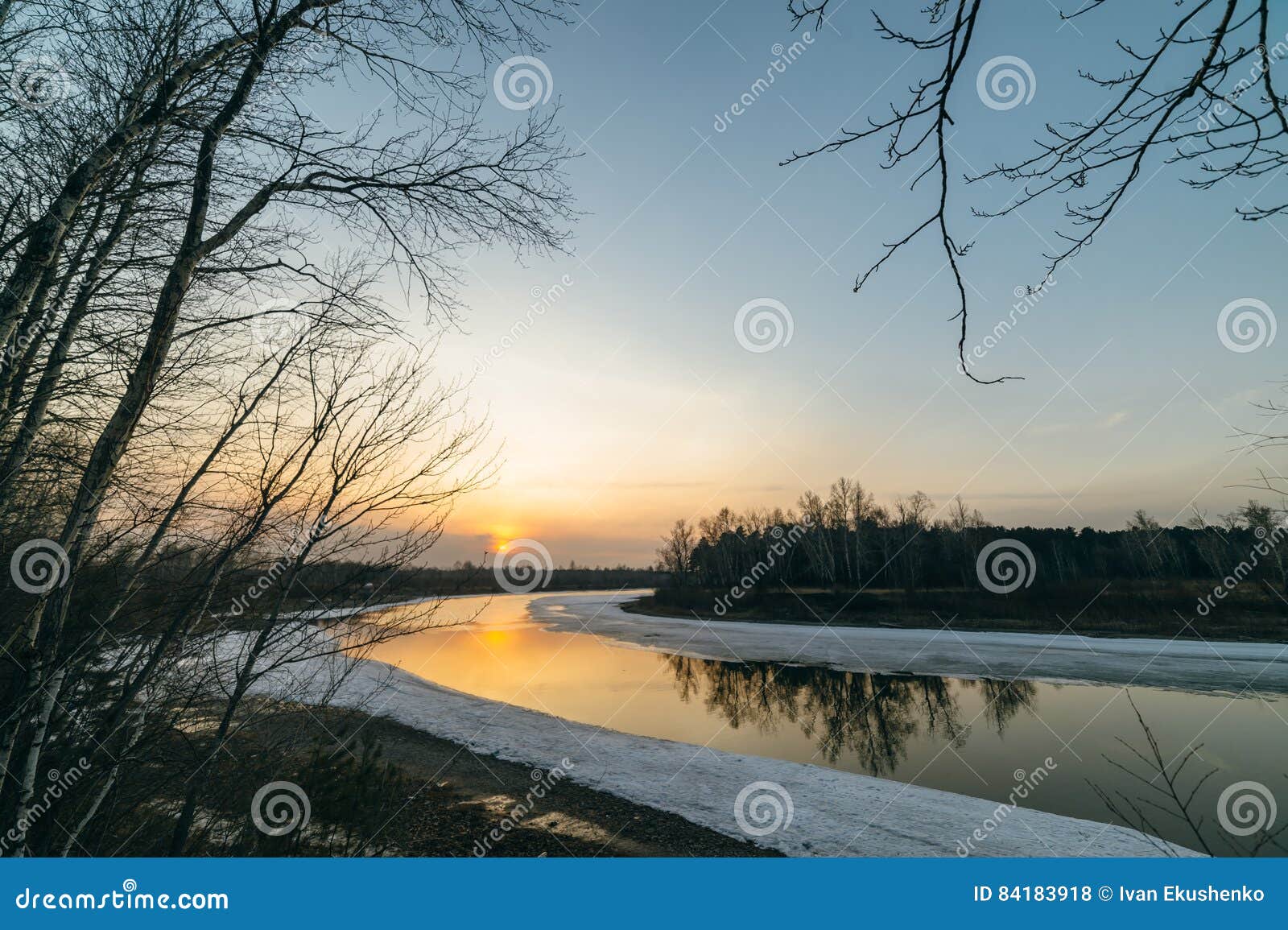 Winter sunset in river. stock photo. Image of christmas - 84183918