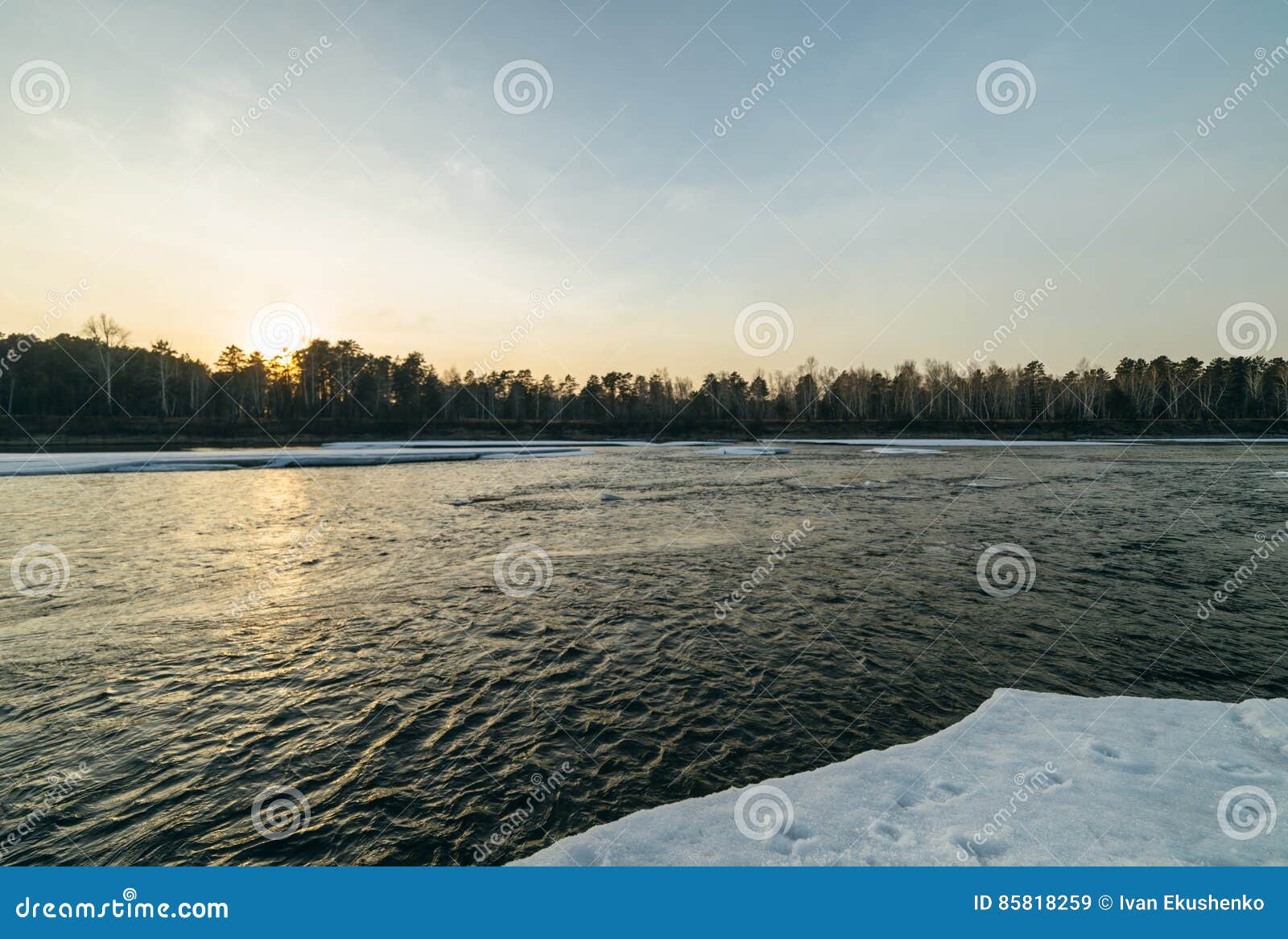 Winter sunset in river. stock image. Image of natural - 85818259