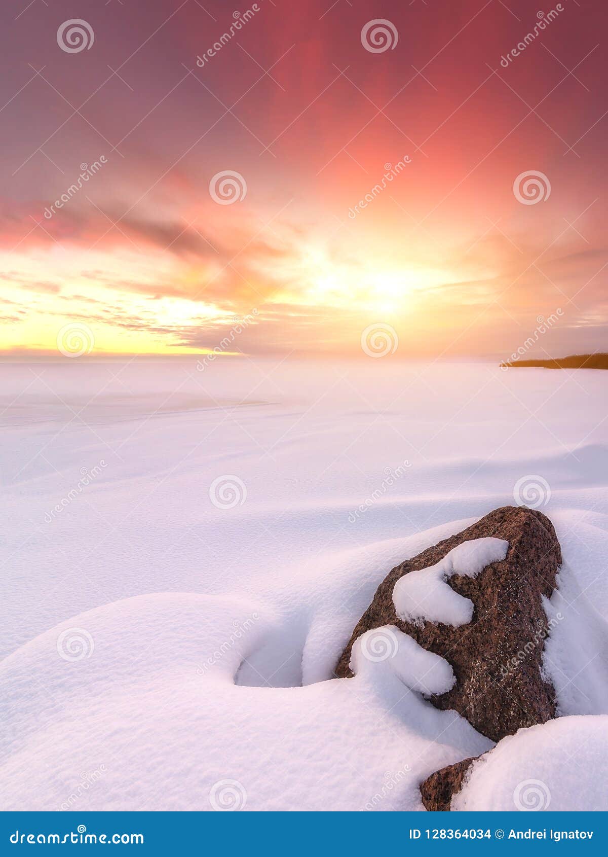 Winter Sunset with Snow-covered Rocks. Composition of Nature Stock ...