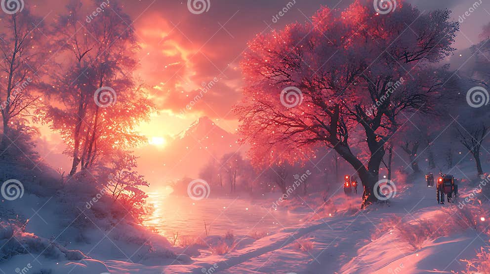 Winter Sunset, Snowy Path, Magical Forest, Glowing Figures Stock ...