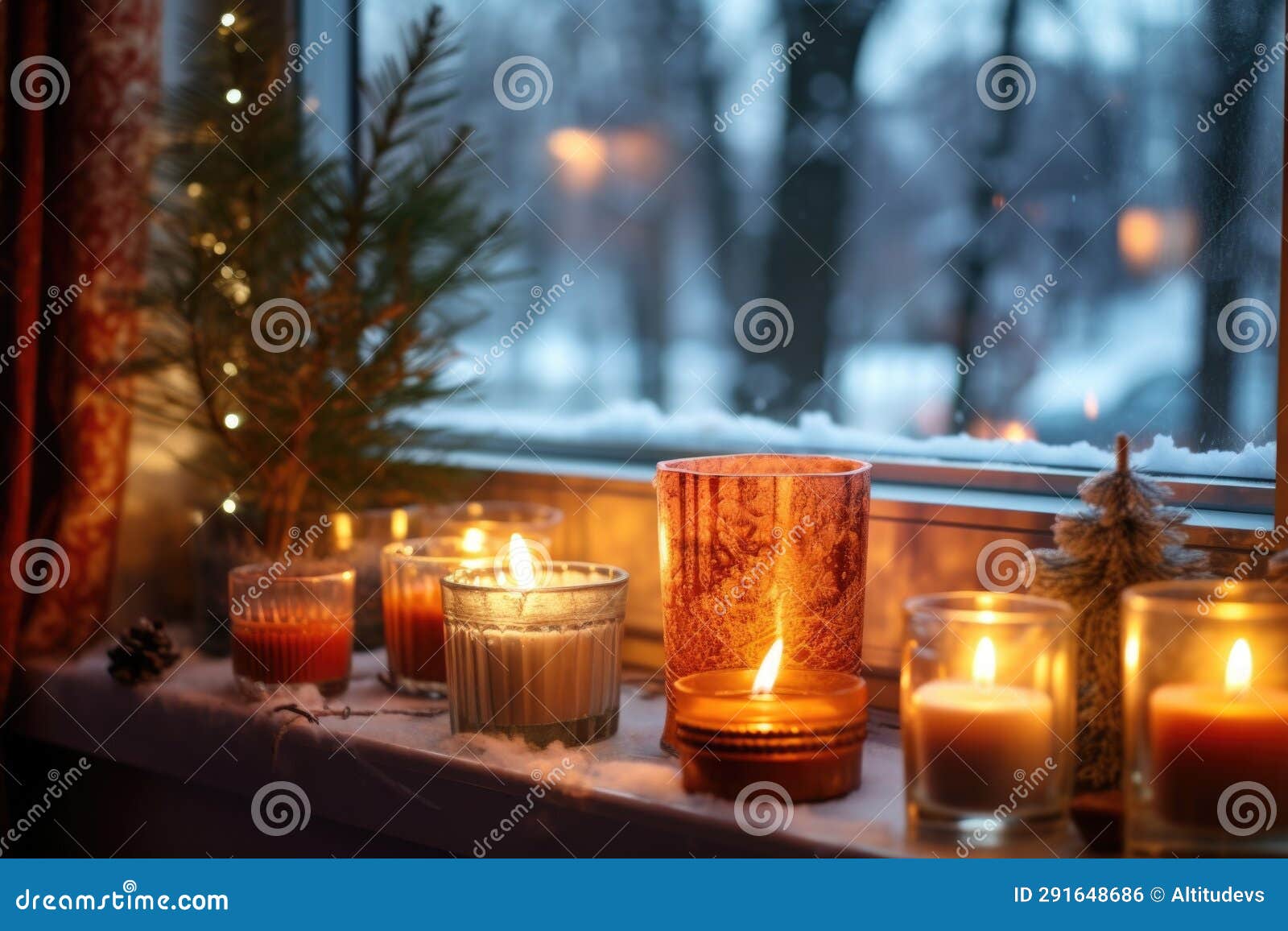 Winter-themed Candles Next To Window Stock Photo - Image of decor ...