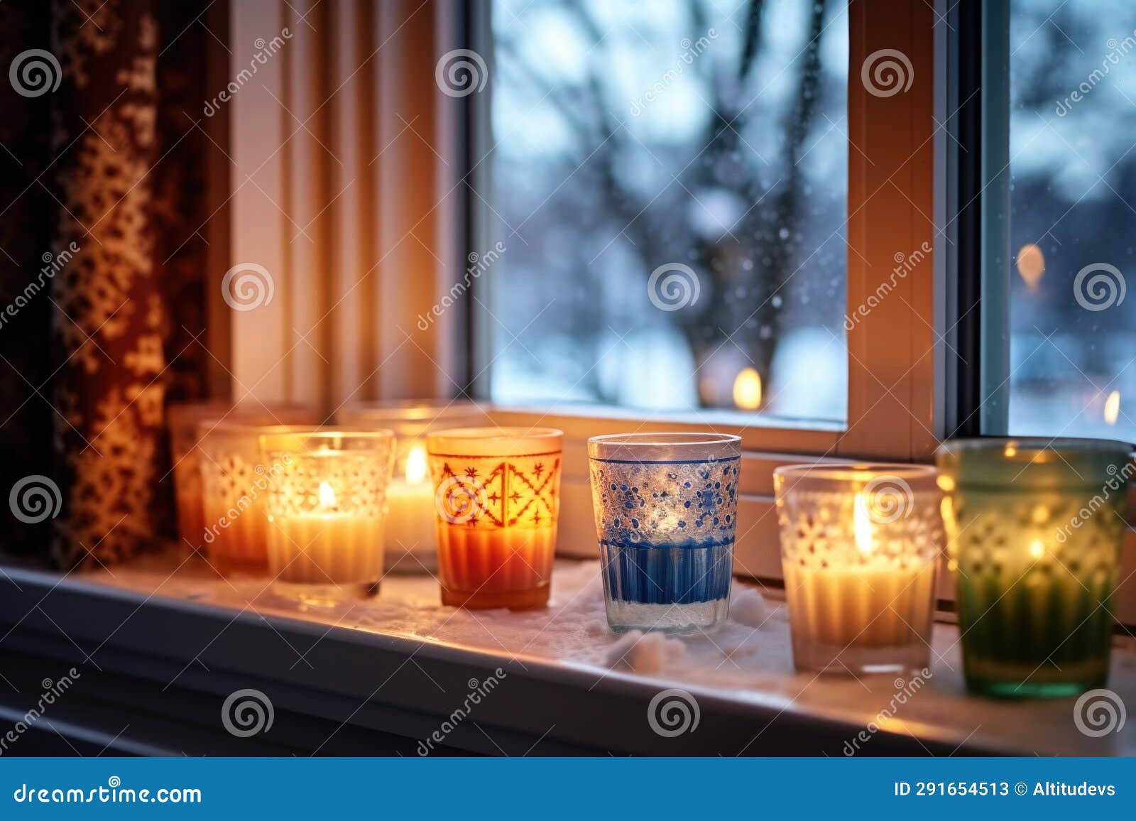 Winter-themed Candles Next To Window Stock Image - Image of home ...