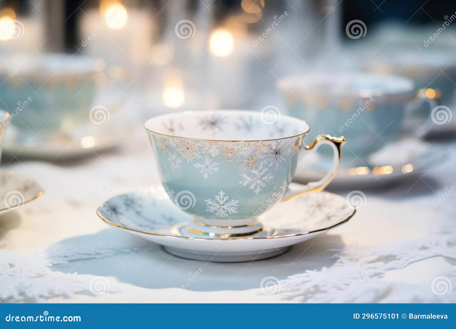 Winter Themed Tea Party Setup with Snowflake Patterned Teacups and ...