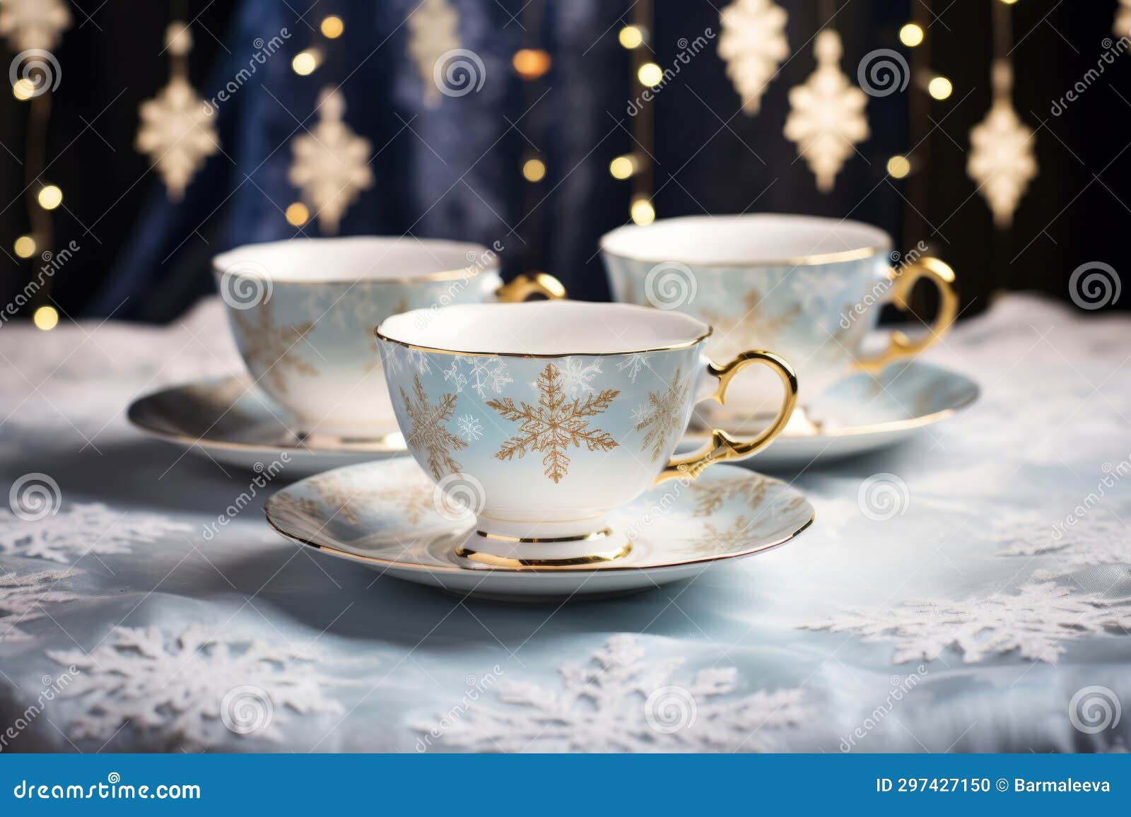 Winter Themed Tea Party Setup with Snowflake Patterned Teacups and ...
