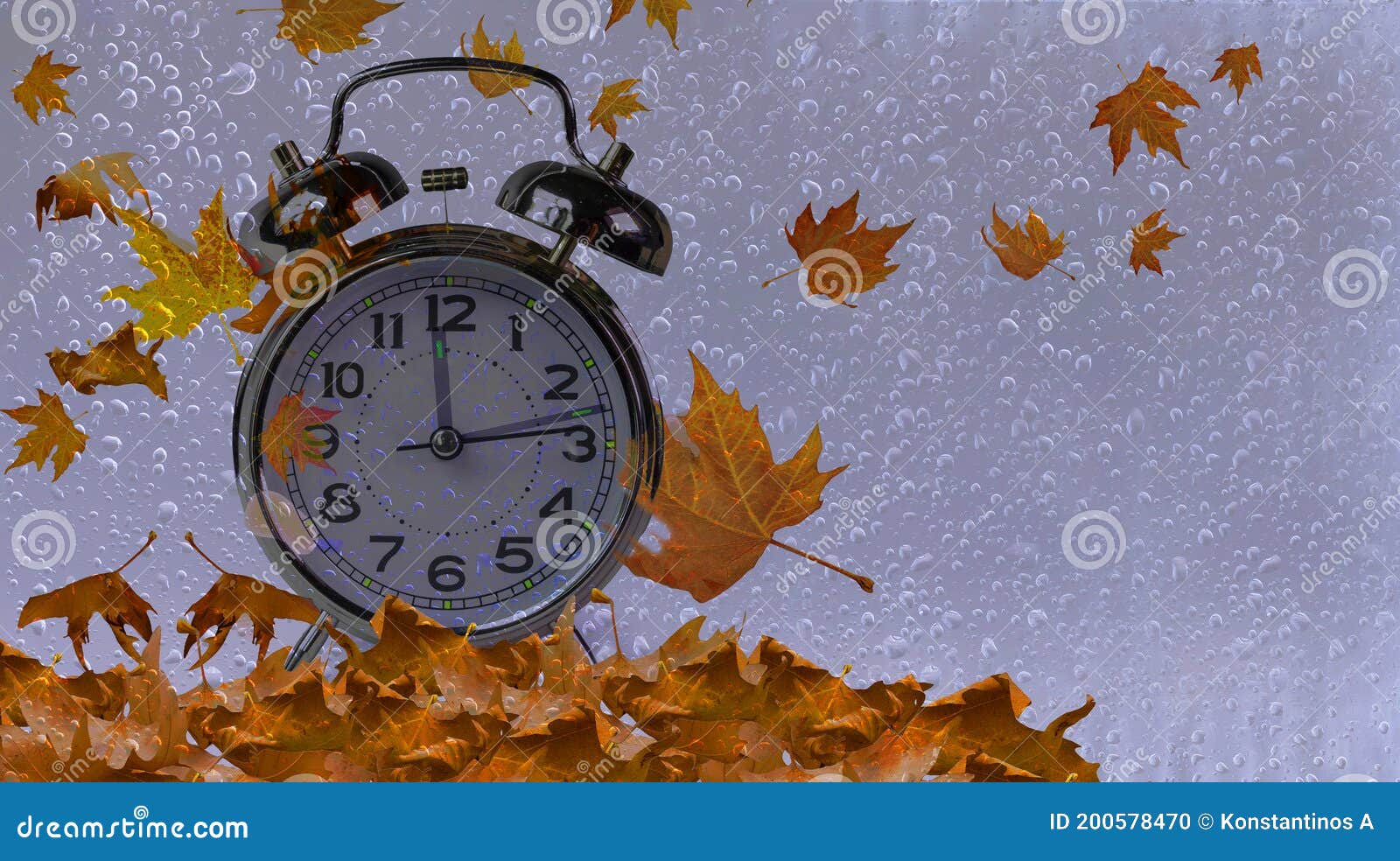 Winter Time Clock Rain Drops Falling Leaves Cold Weather Stock Photo ...