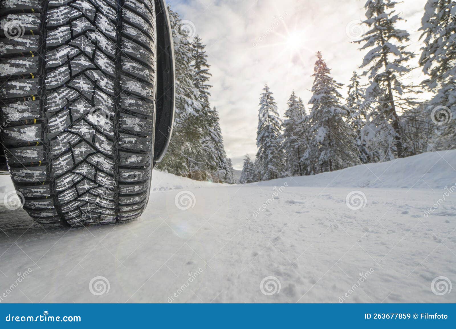 Winter tires on snowy road stock image. Image of skidding - 263677859