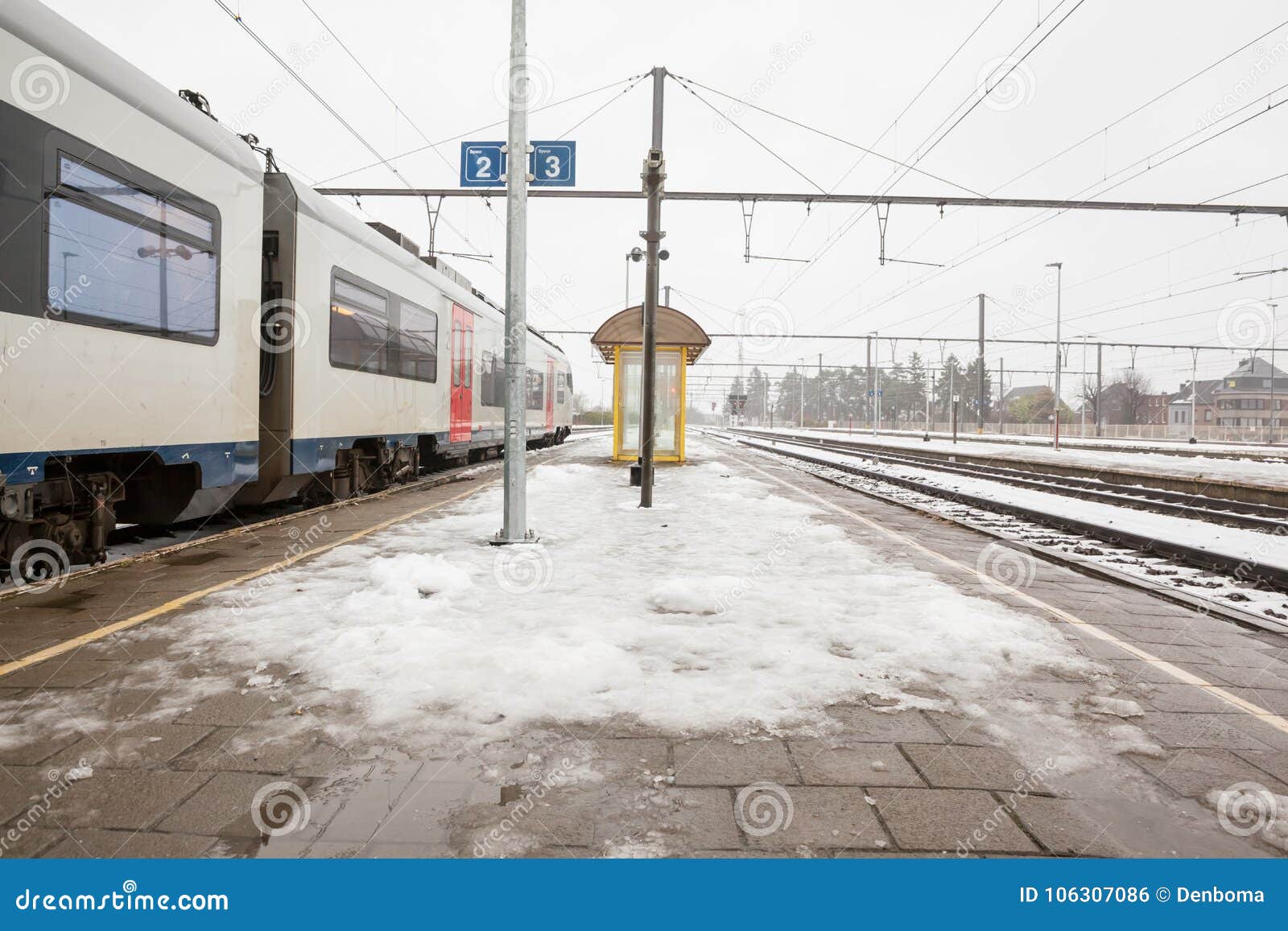 Train station in the snow stock photo. Image of track - 106307086
