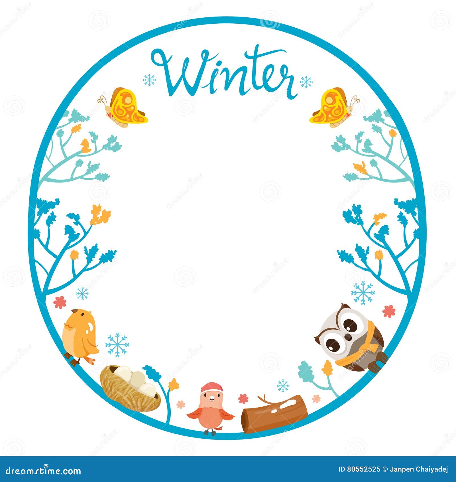 Winter Tree with Animal on Circle Frame Stock Vector - Illustration of ...