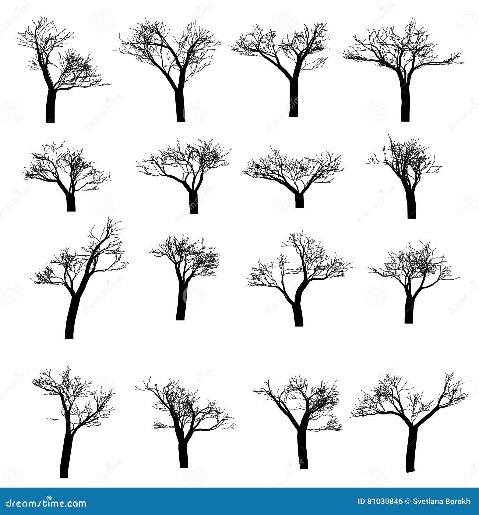 Winter Tree Set. Dry with Fallen Leaves. Dead Silhouette. Vector ...