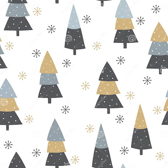Winter Seamless Pattern with Different Trees and Snowflakes. Christmas ...