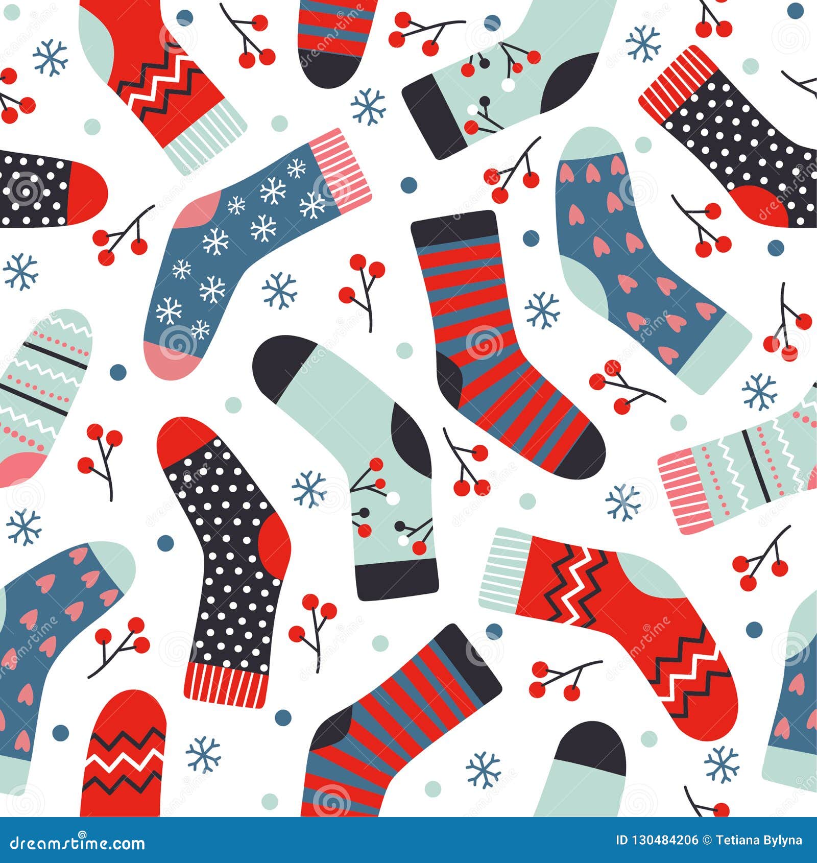Winter Vector Seamless Pattern with Knitted Socks, Berries and ...
