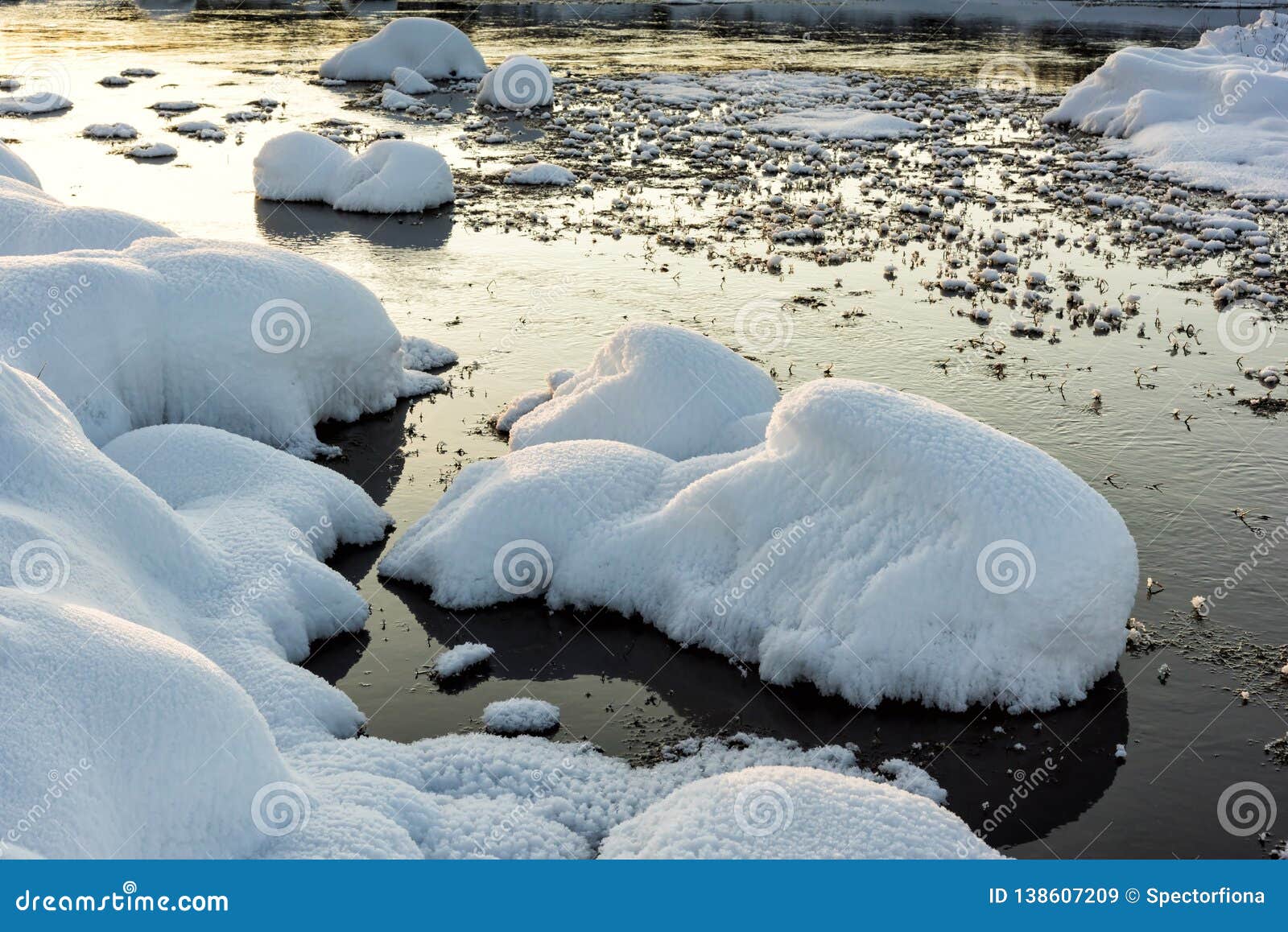 Winter View with Water and Snow Hummock in the Sunset Stock Image ...
