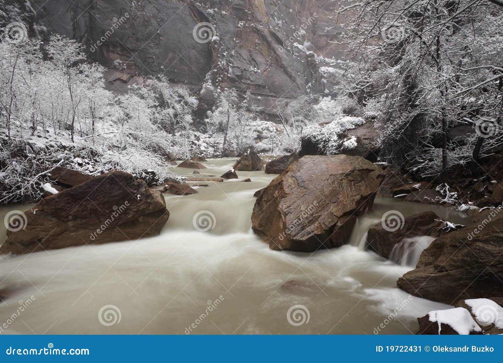 Winter View of River Rapids in Zion Canyon Stock Image - Image of storm ...