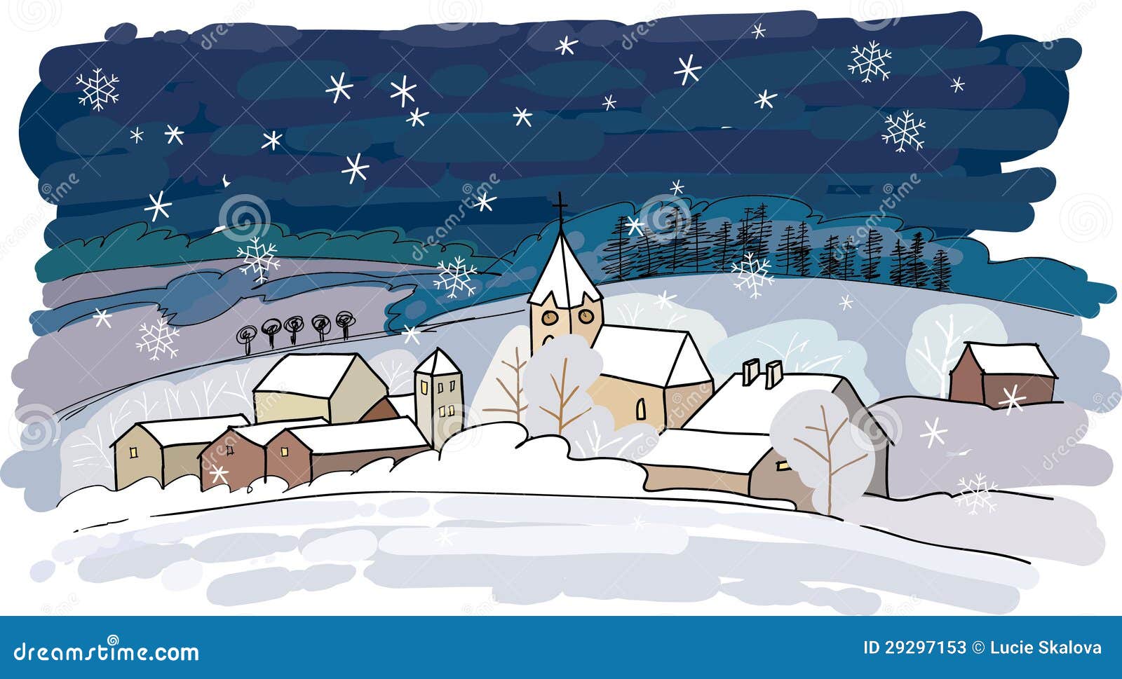 Snowy Village Drawing