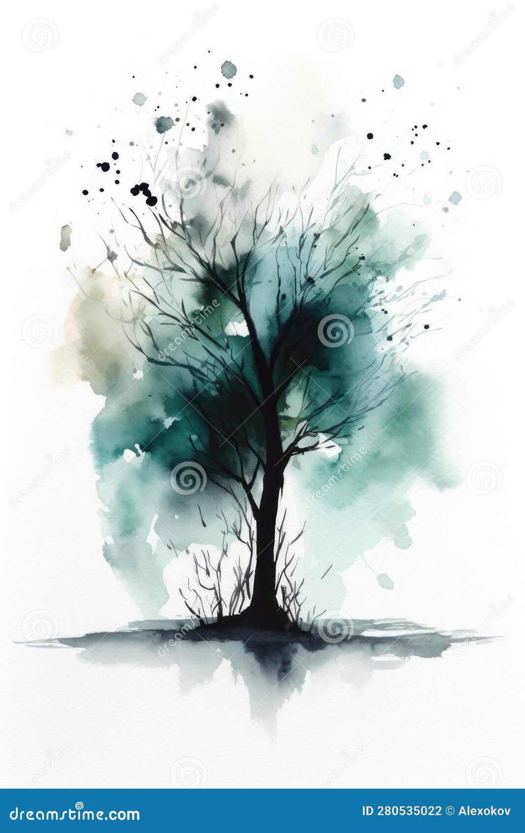 Winter Watercolor: Minimalistic Tree Painting . Stock Illustration ...