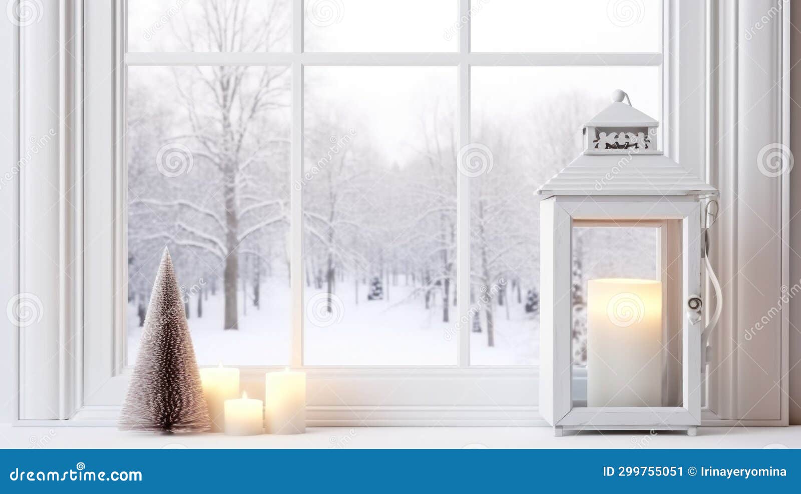 Winter Window with View of Snow Trees Landscape. White Window Looking ...