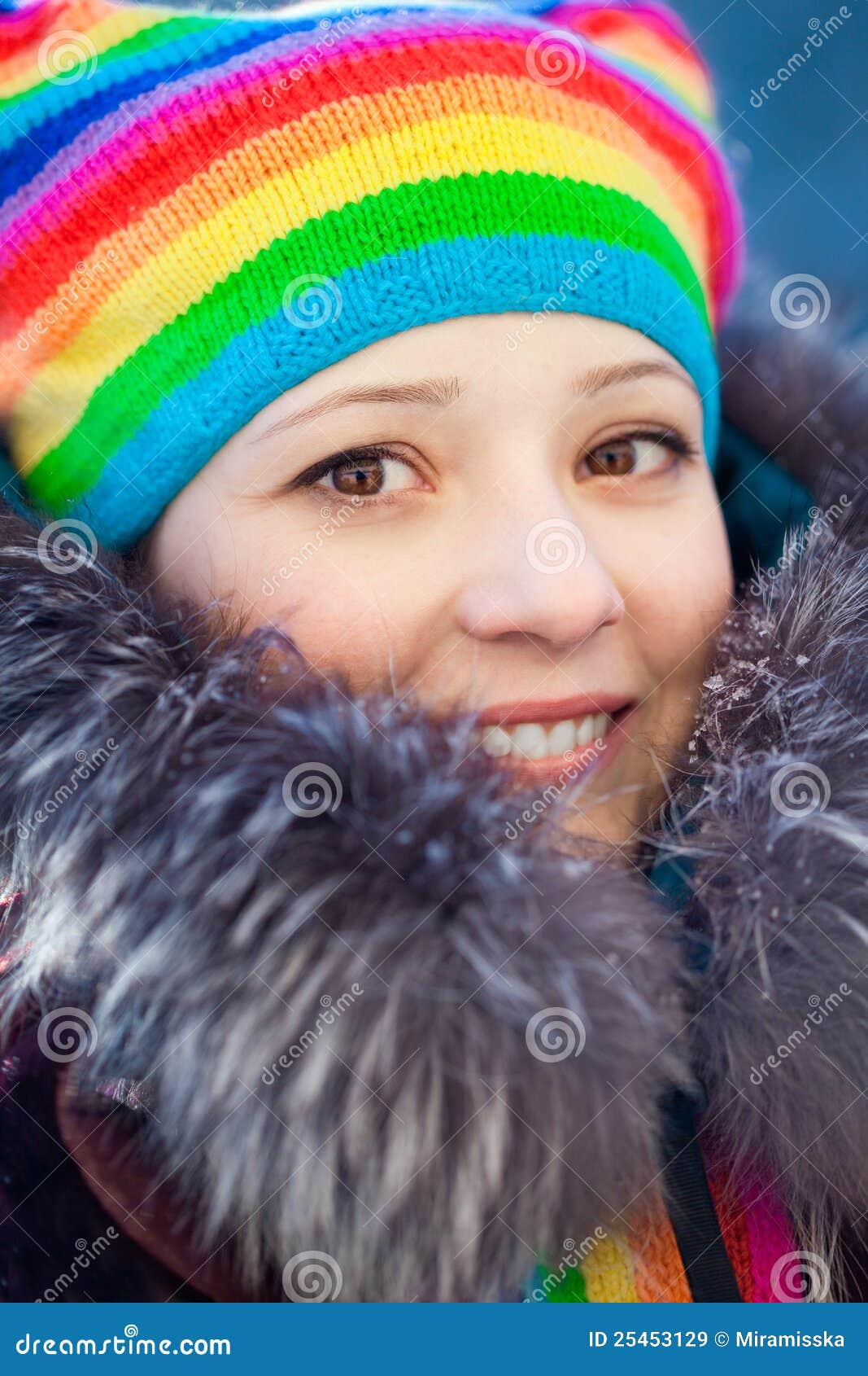 Winter Woman in Rainbow Hat Stock Image - Image of bright, frost: 25453129