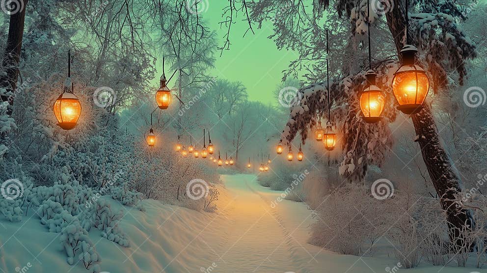Winter Wonderland Path Illuminated by Warm Lanterns Stock Illustration ...