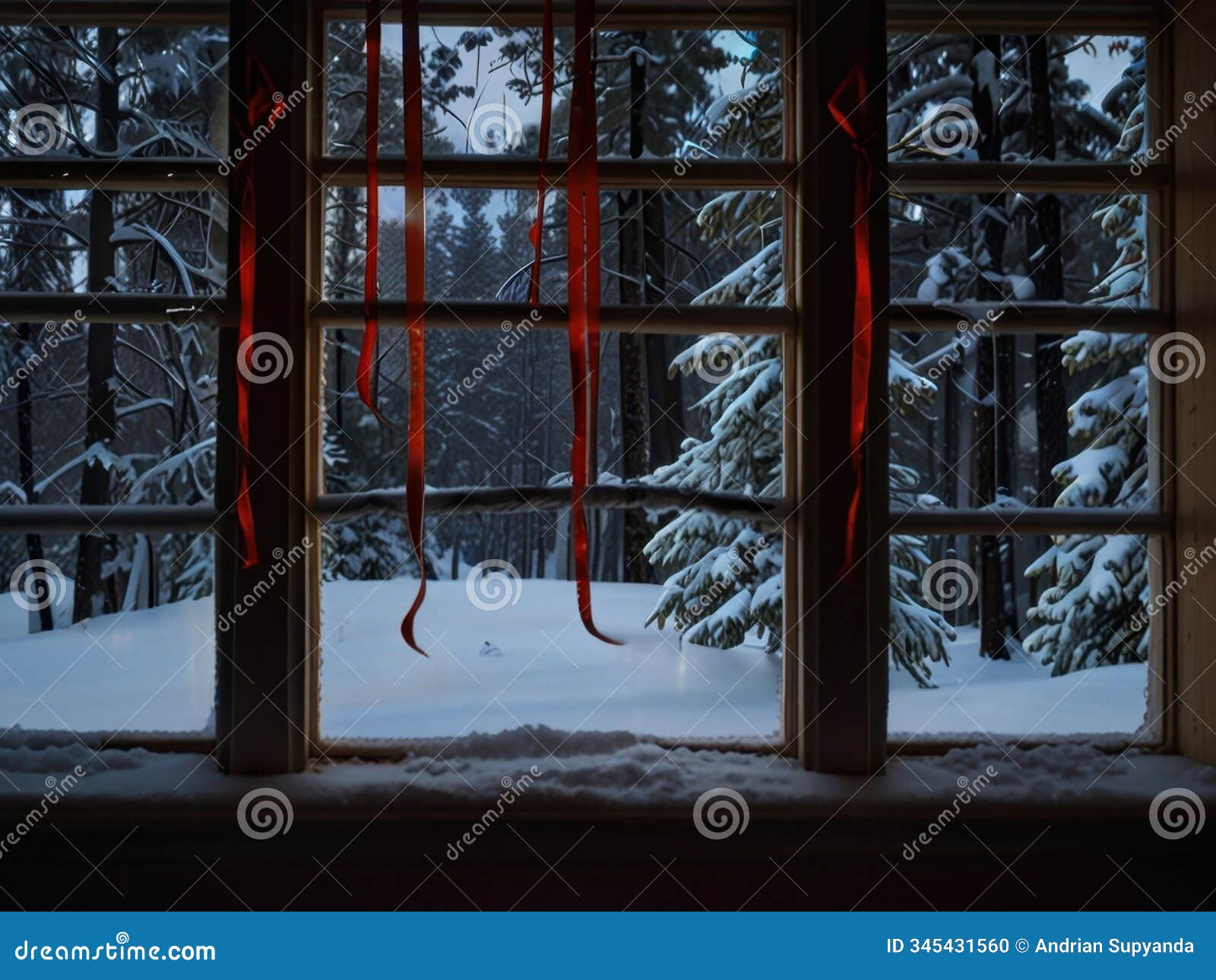 Winter Wonderland View from Window with Red Ribbons Stock Illustration ...