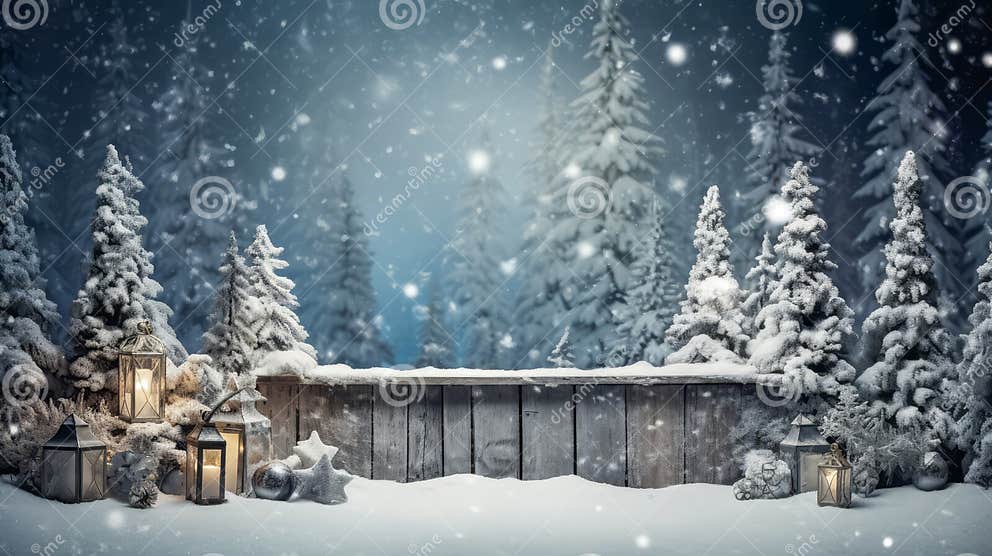 Winter Yard with Christmas Decorations and Christmas Tree, Space for ...