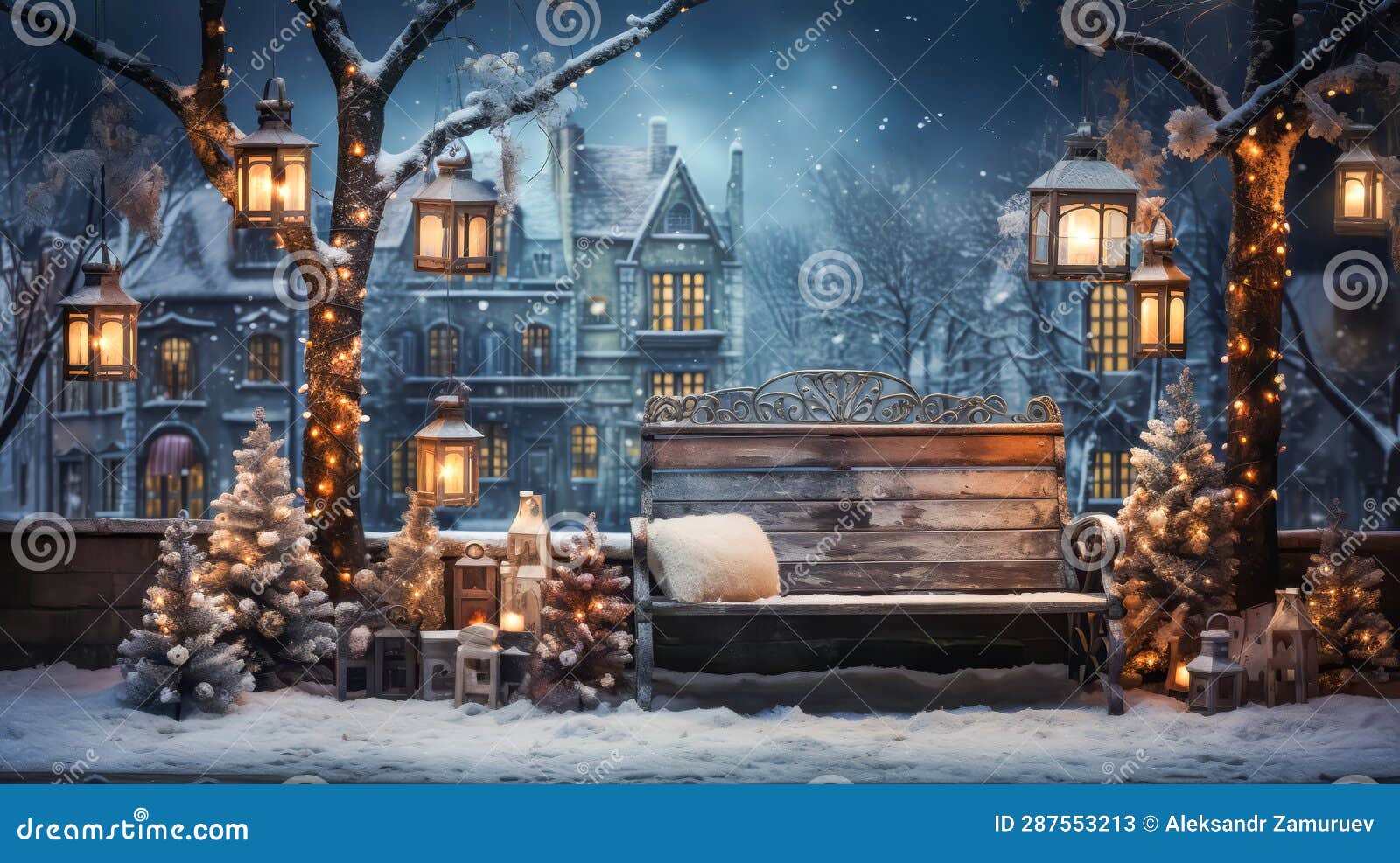 Winter Yard with Christmas Decorations and Christmas Tree, Space for ...