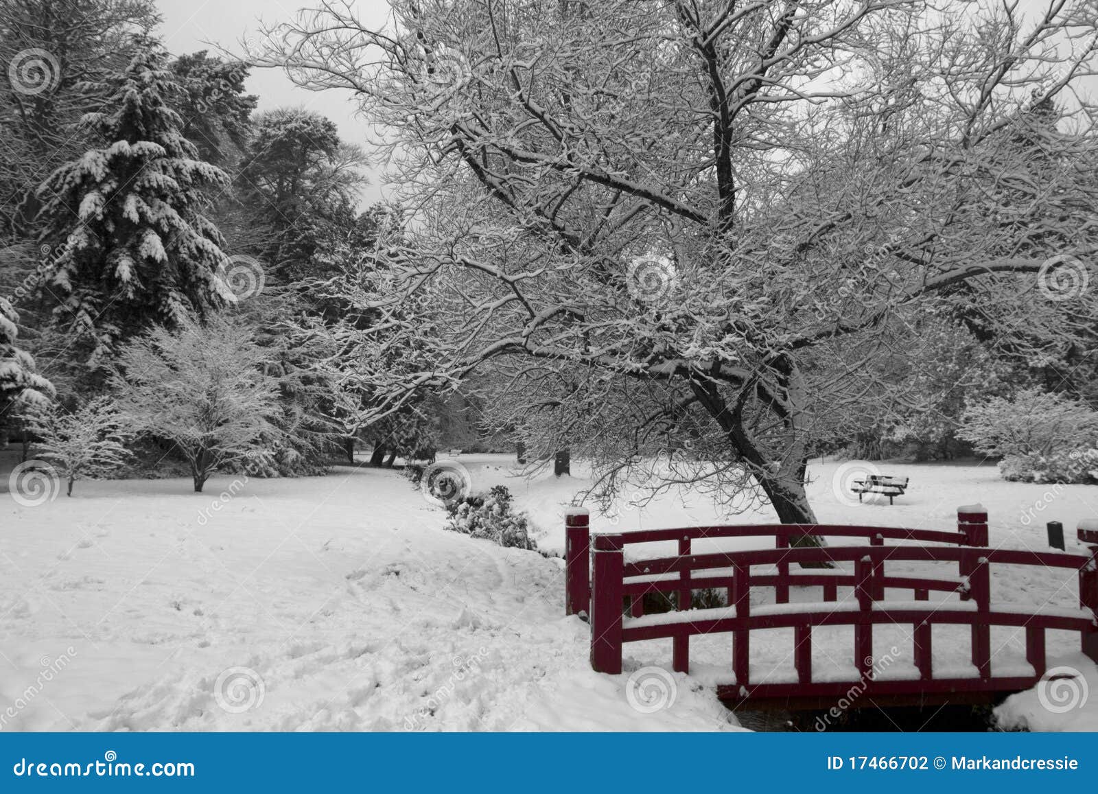 Wintery Scene with Red Bridge Stock Photo - Image of bridge, england ...