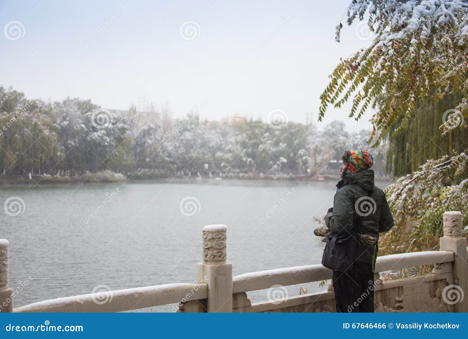Wintery Scene of Shivering Man in Snowstorm Stock Photo - Image of ...