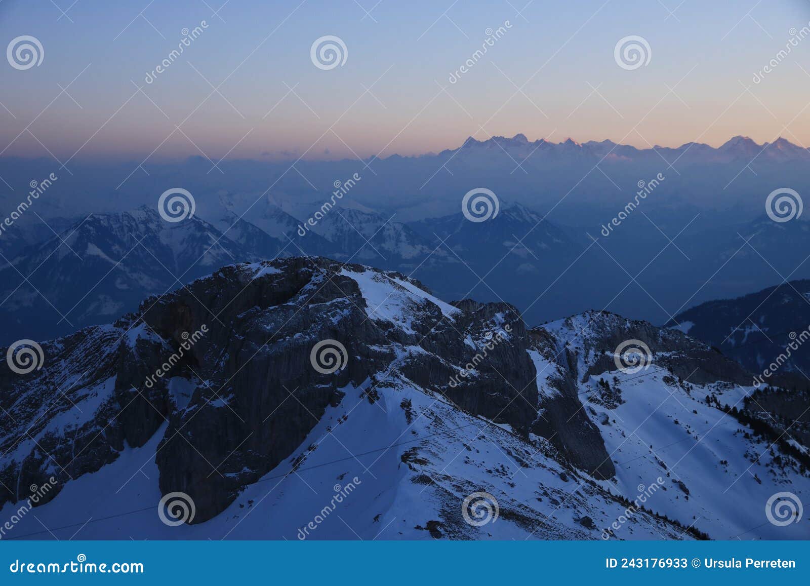 Wintery Sunset Scene in the Swiss Alps Stock Image - Image of cross ...